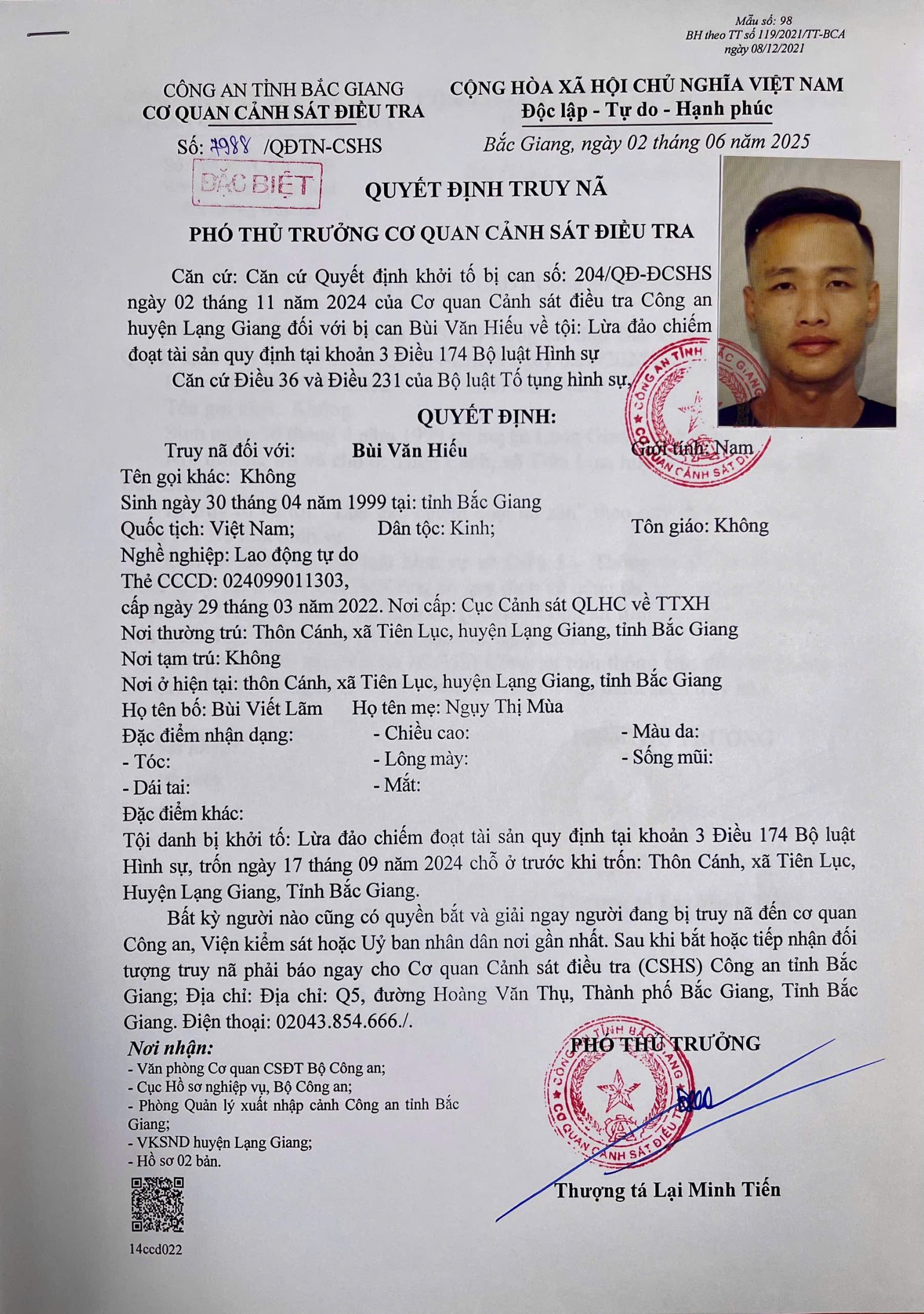 Truy nã "đặc biệt nguy hiểm" đối với Bùi Văn Hiếu