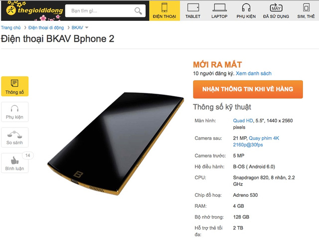 Bphone 2 của Bkav bất ngờ xuất hiện trên thegioididong.com
