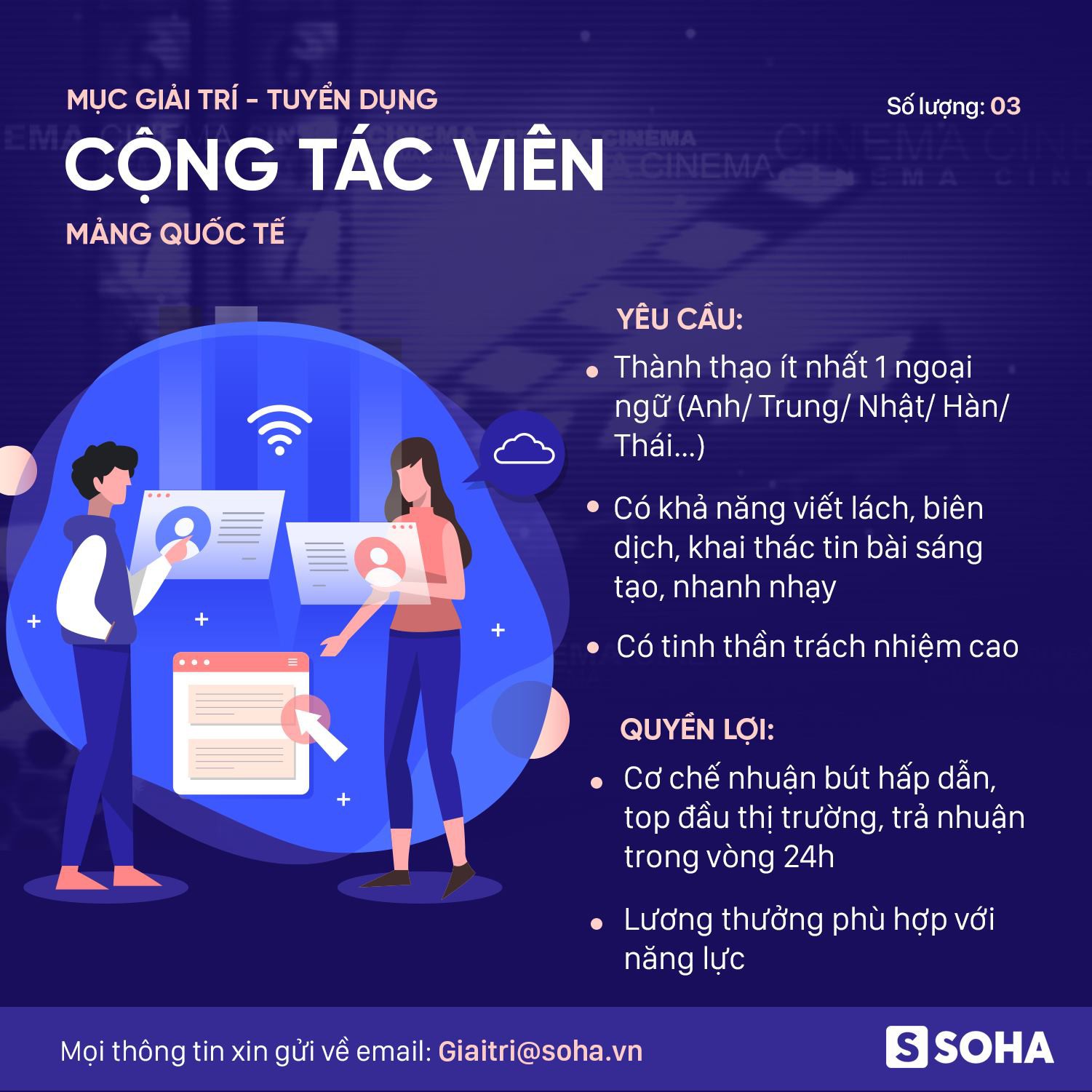 Soha.vn tuyển 3 cộng tác viên mảng giải trí quốc tế